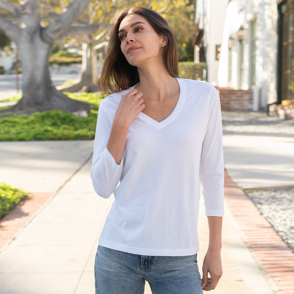 Women's 3/4 Sleeve V-Neck -White Tee | The Classic T-Shirt Company