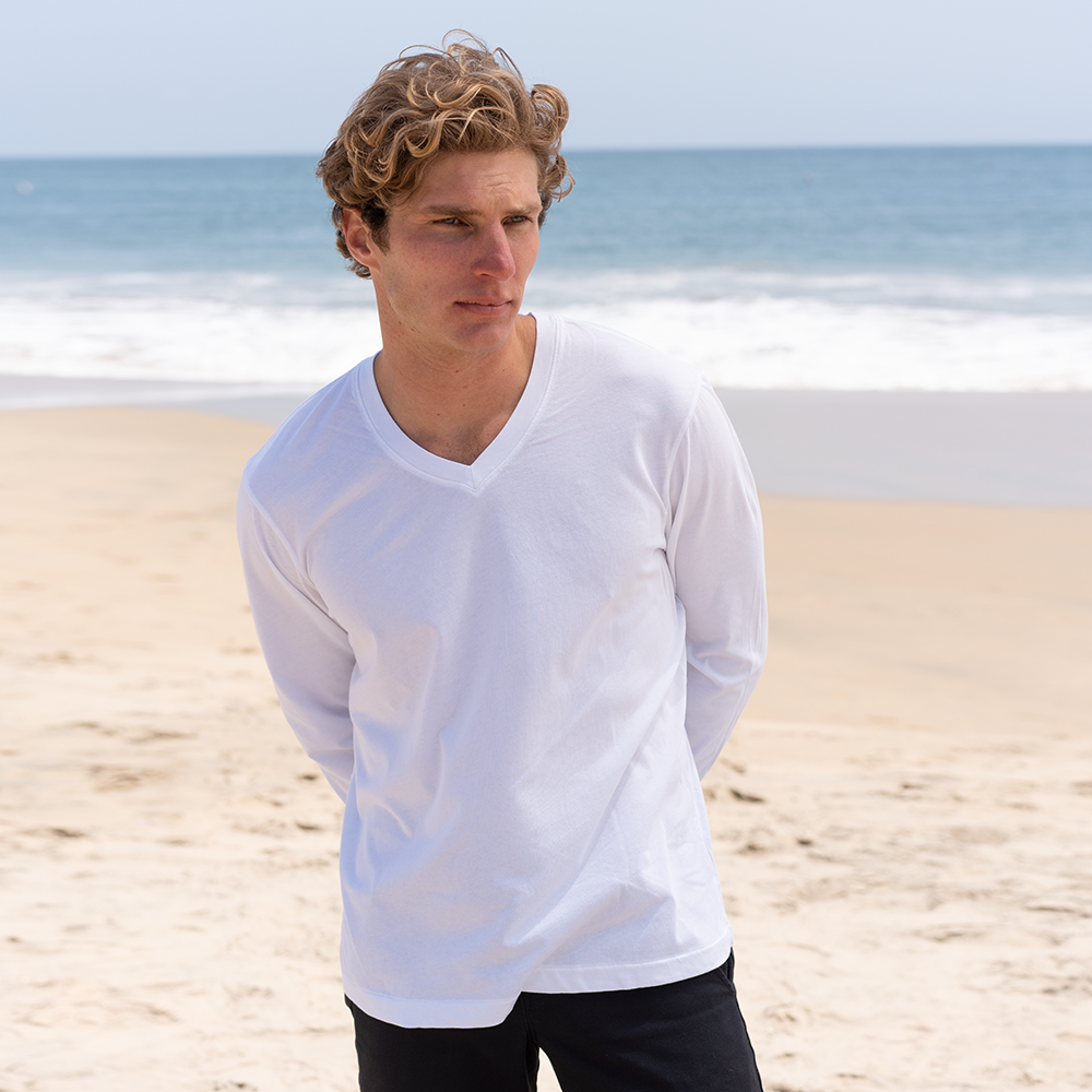 Men's White Long Sleeve V-neck - The Classic T-Shirt Co.