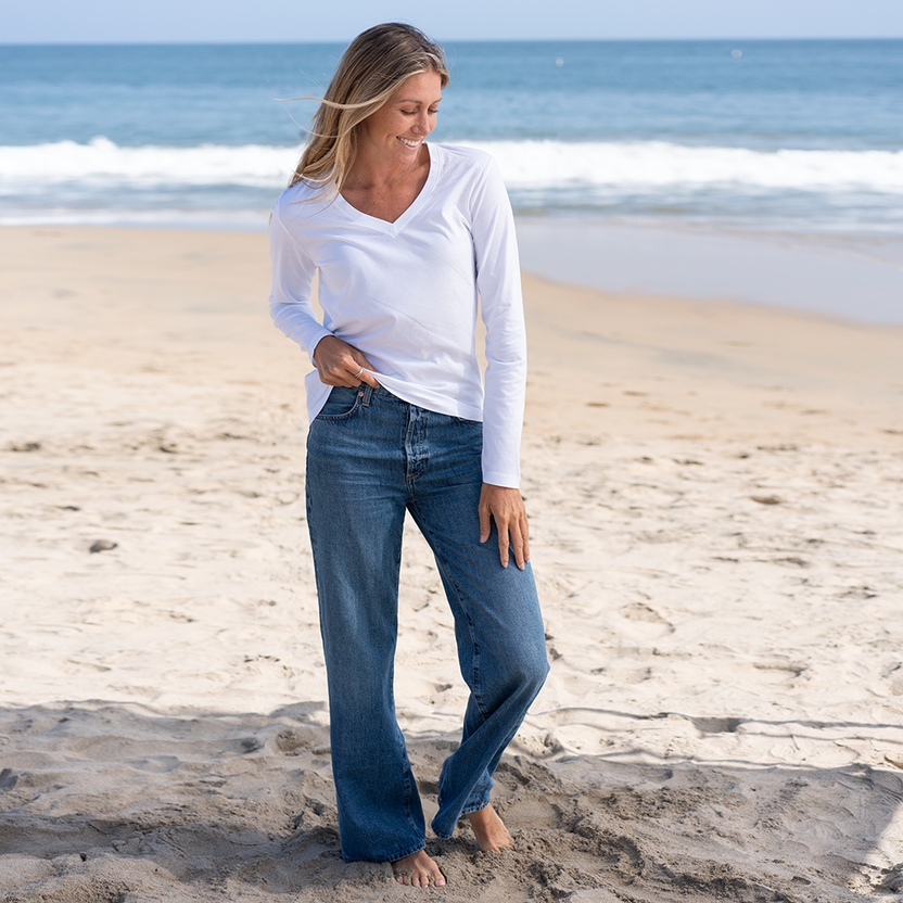 Womens White Long Sleeve V-neck - The Classic T-Shirt Company